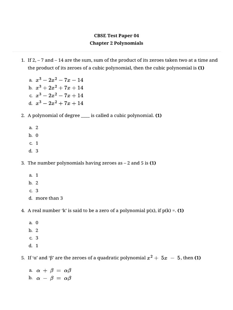 Chapter 02 Polynomials Test 04 | PDF | Polynomial | Quadratic Equation