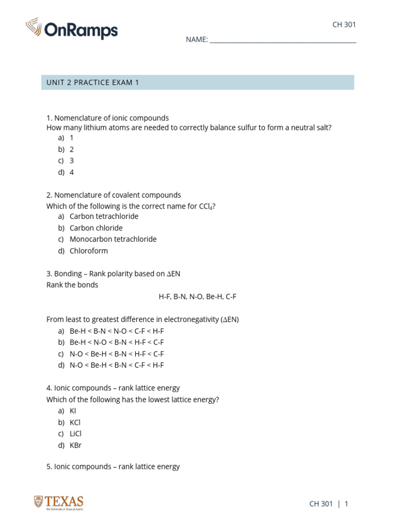 Unit 2 Practice Exam 1 | PDF | Chemical Bond | Chemical Compounds