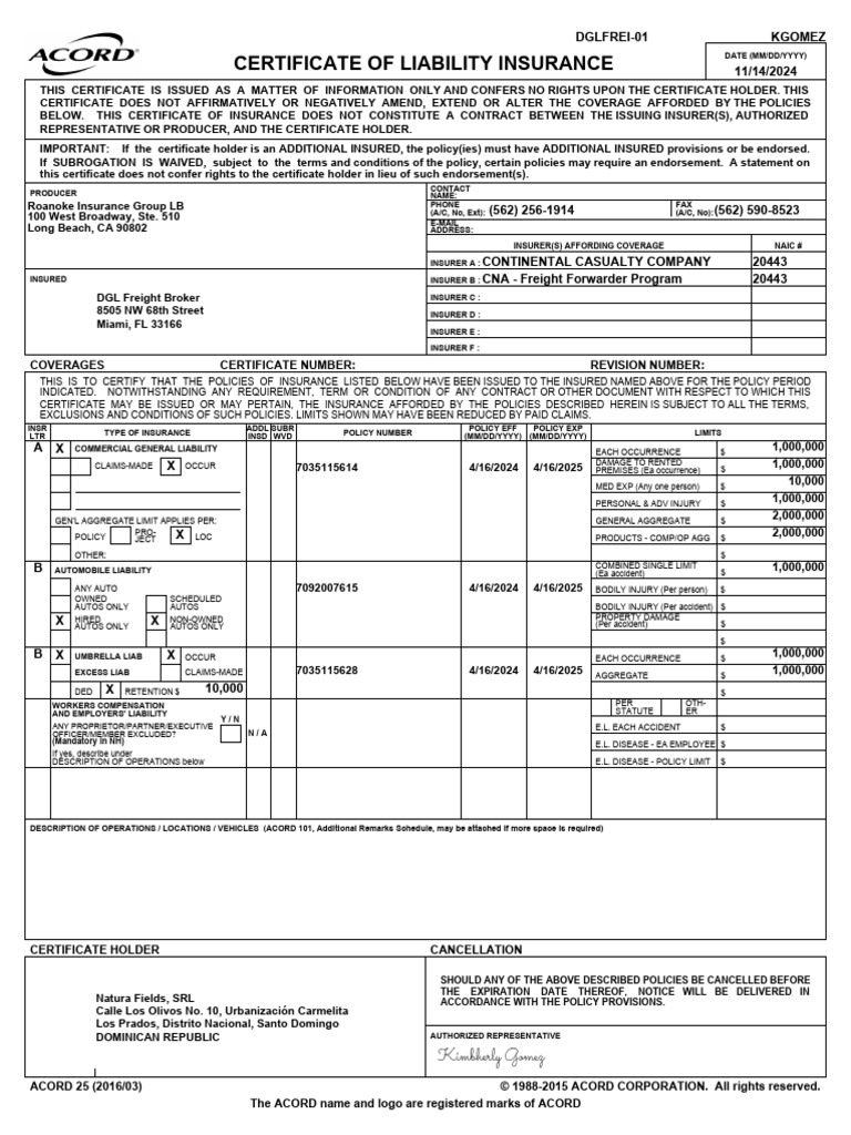 NATURA FIELDS CERT - DGL | PDF | Legal Concepts | Risk