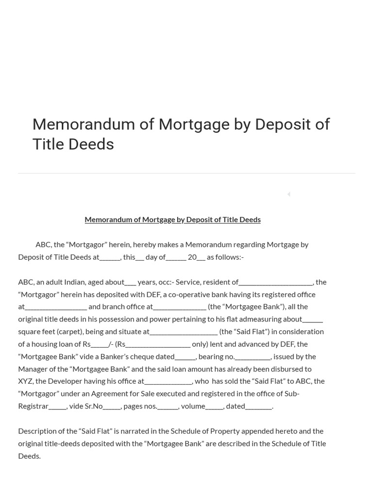 1 Memorandum of Mortgage by Deposit of Title Deeds | PDF | Mortgage Law | Debt
