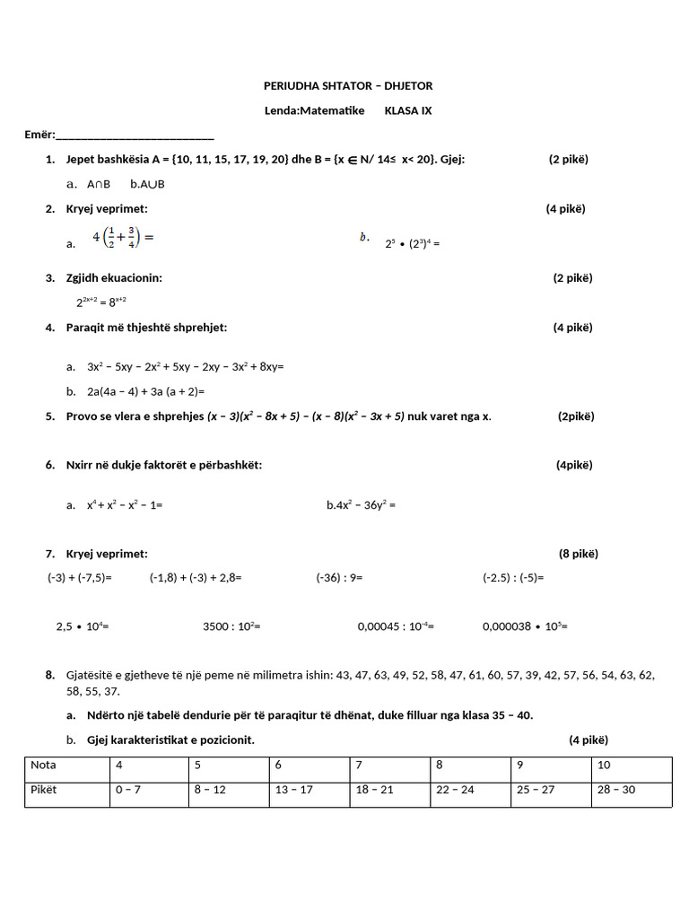 Testi Permbleddhes Klasa IX | PDF