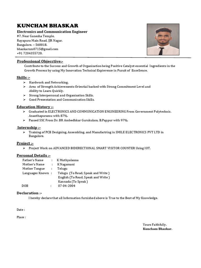 Kuncham Bhaskar: Electronics Engineer CV | PDF