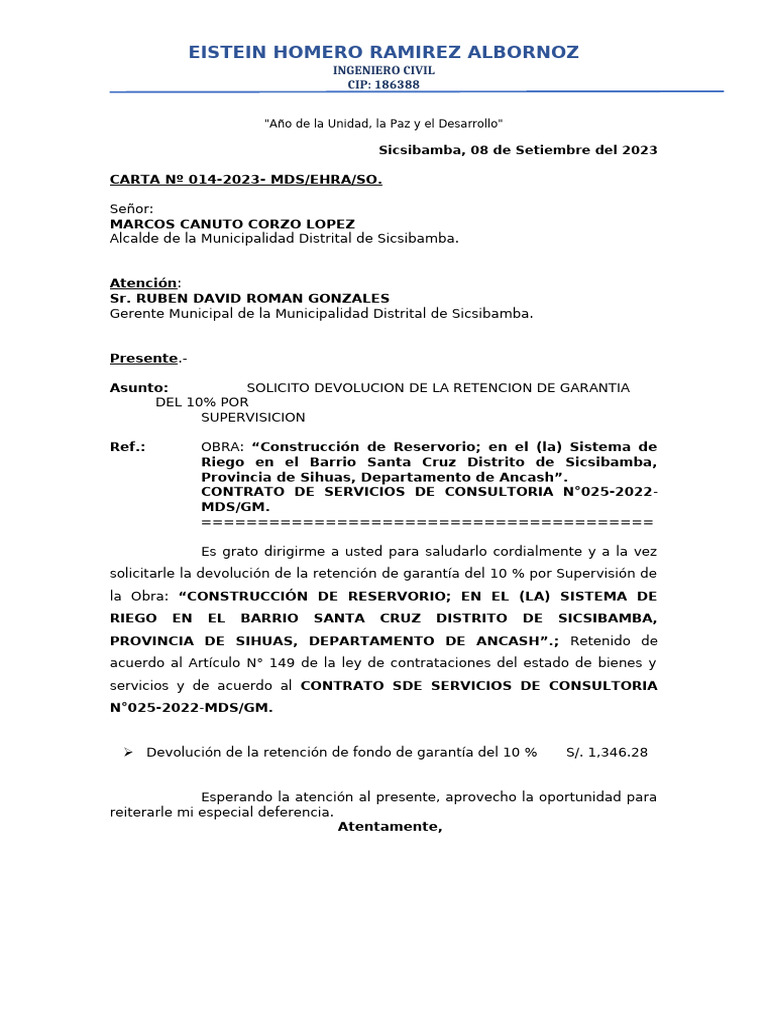 Carta #017-14-2023 Informe de Devolucion | PDF
