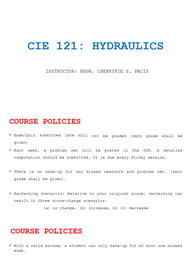 CIE 121 Hydraulics Course Policies and Concepts | PDF | Surface Tension ...
