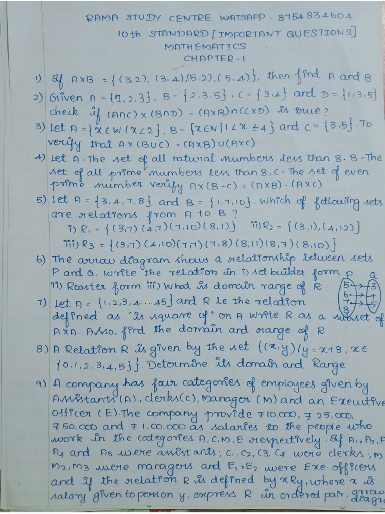 10th Maths EM Chapter Wise Important Questions English Medium PDF Download | PDF