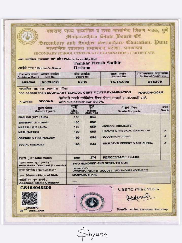 10th Pass certificate | PDF