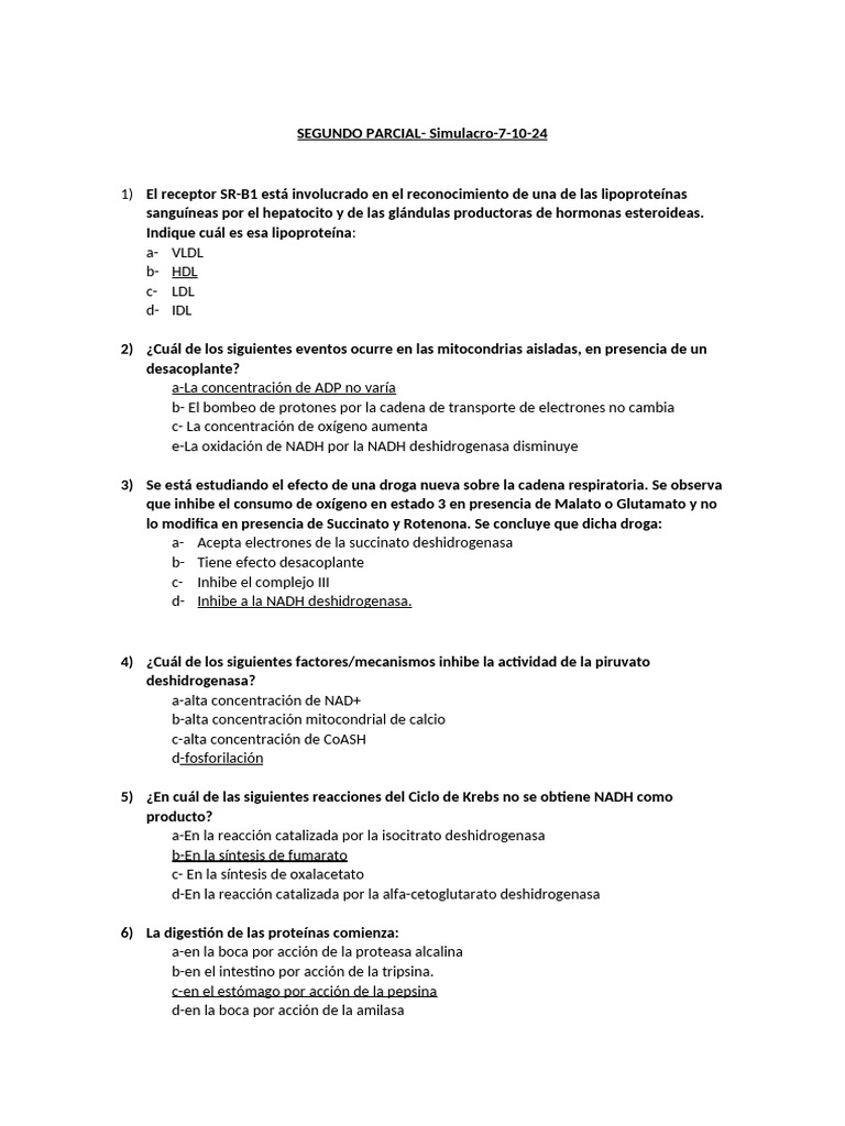 Simulacro Del Segundo Parcial-2024-Con Respuestas | PDF | Ciclo del ácido cítrico | Química