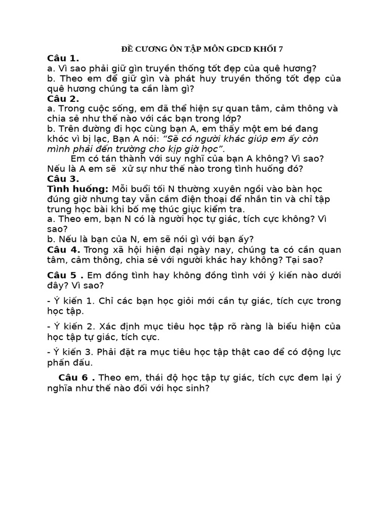 ĐỀ CƯƠNG ÔN TẬP MÔN GDCD KHỐI 7 | PDF
