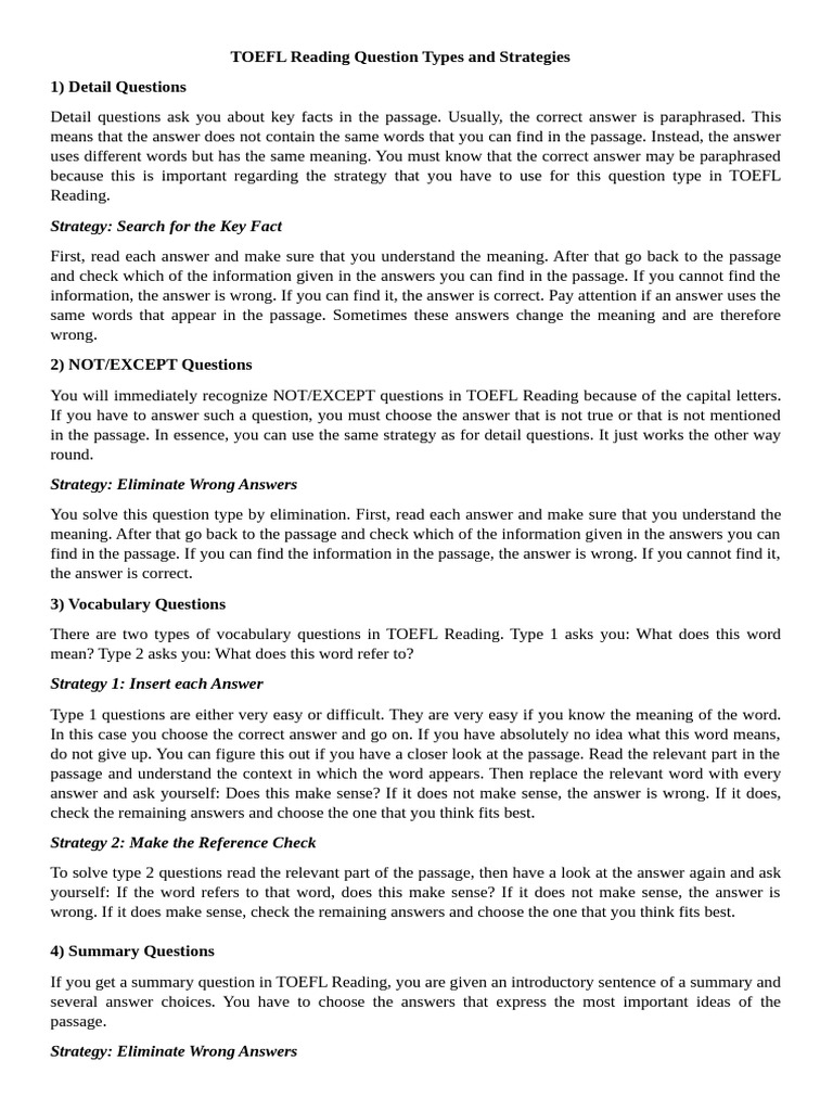 TOEFL Reading Question Types and Strategies | PDF | Question | Vocabulary