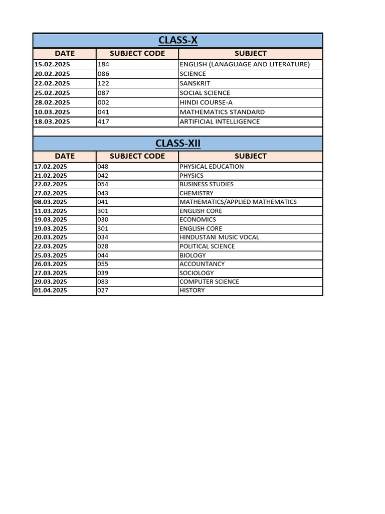 Board Date Sheet For Our Students | PDF