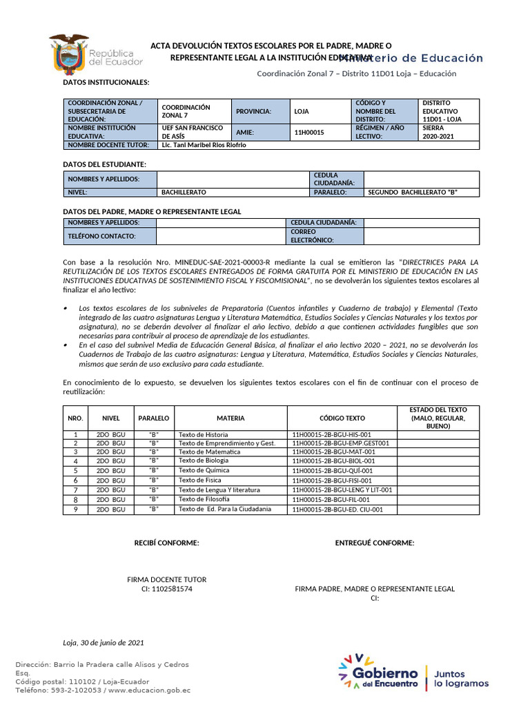 ACTA DEVOLUCIÓN TEXTOS ESCOLARES POR EL PADRE de 2do BGU B | PDF