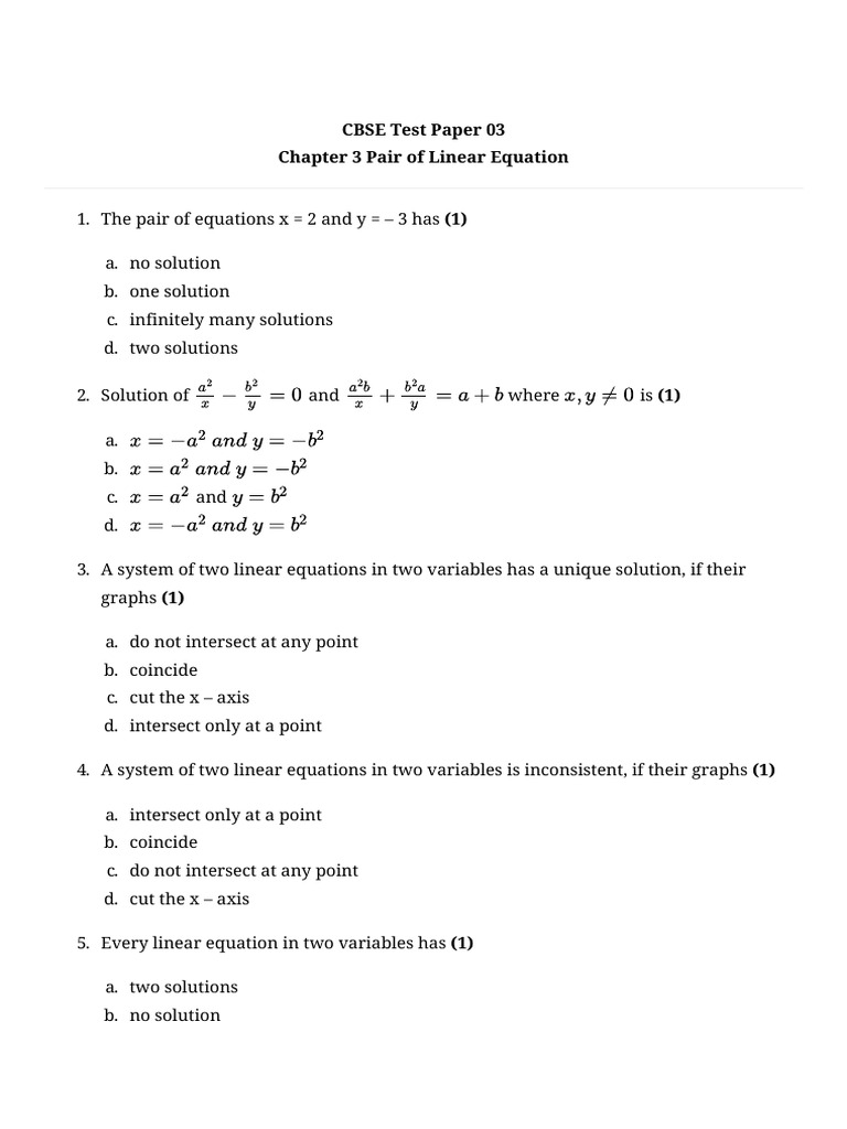 CBSE Linear Equations Test Paper | PDF | System Of Linear Equations ...