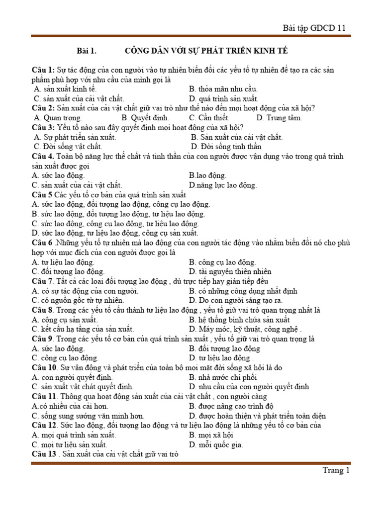 bài tập gdcd 11 KHÔNG ĐÁP AN 1 | PDF