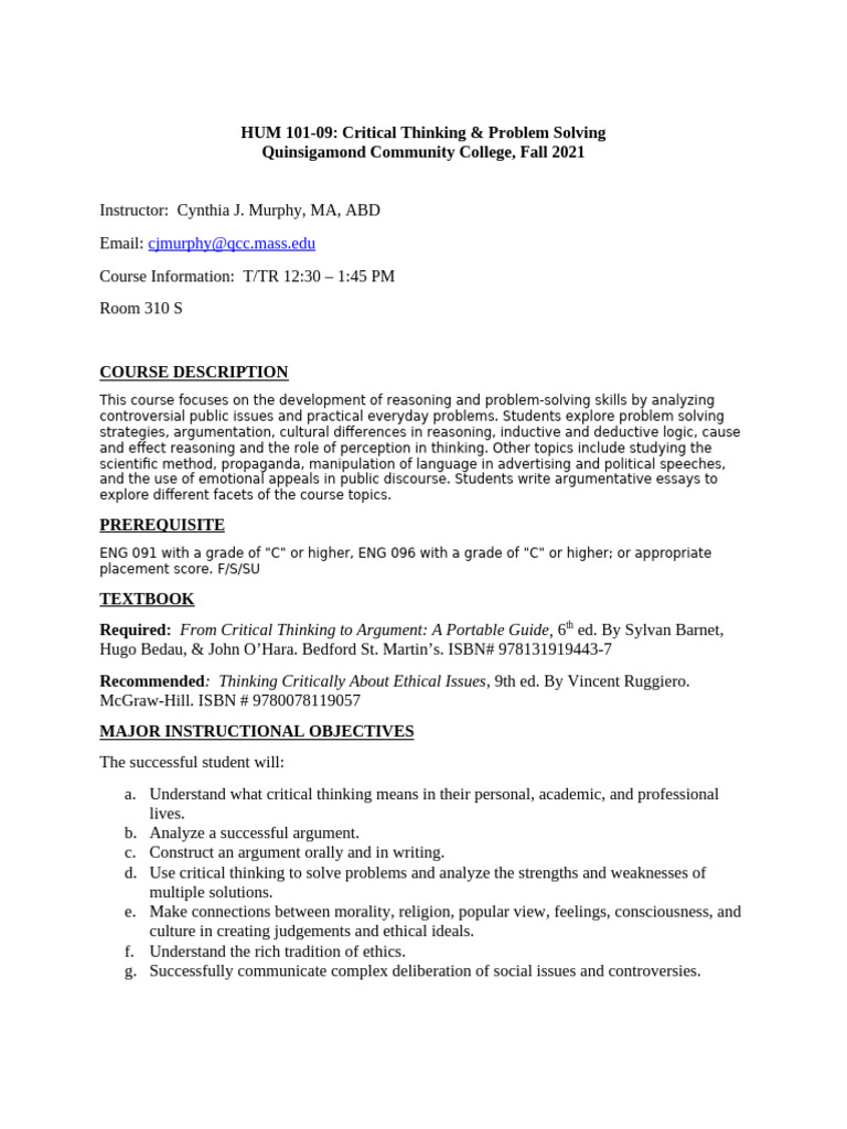 HUM 101-09 Fall 2021 Syllabus | PDF | Plagiarism | Critical Thinking