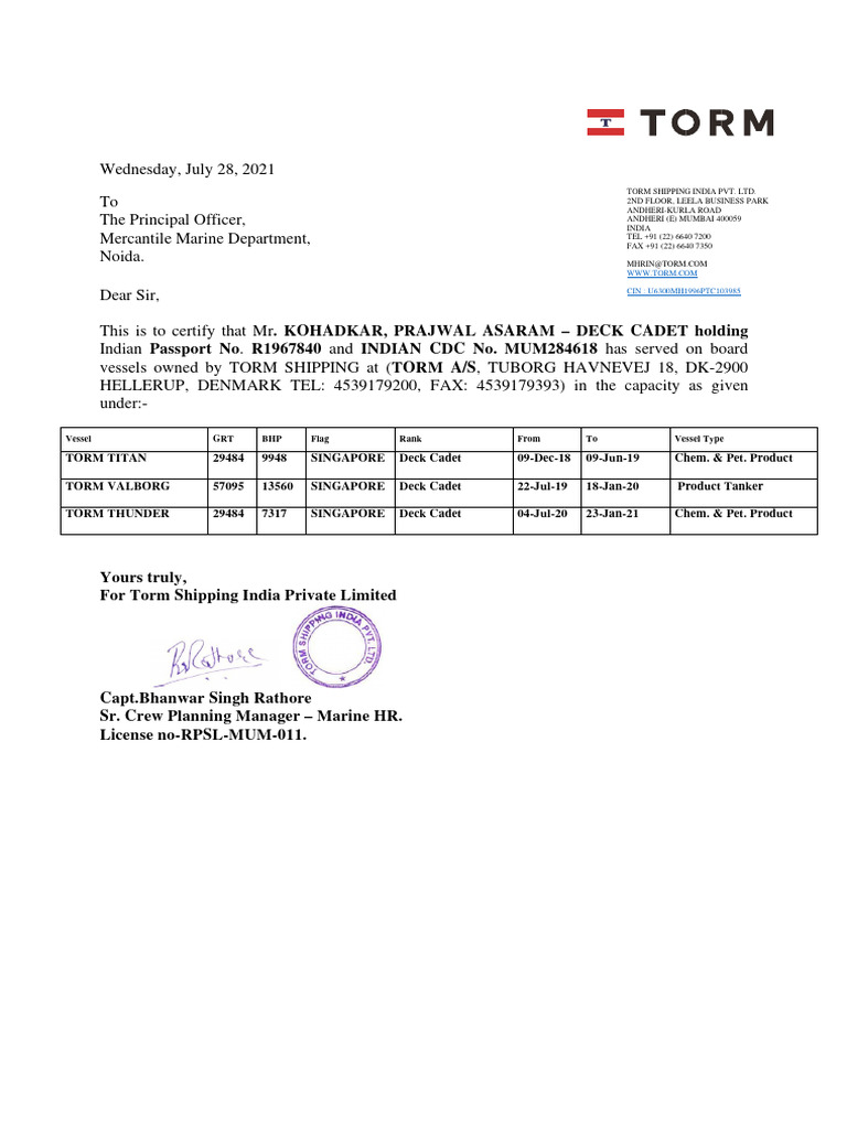 Deck Cadet-Prajwal - Letter For Coc | PDF