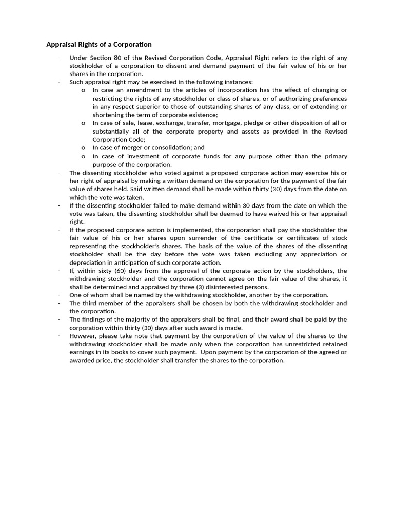 Appraisal Rights of A Corporation | PDF | Real Estate Appraisal ...