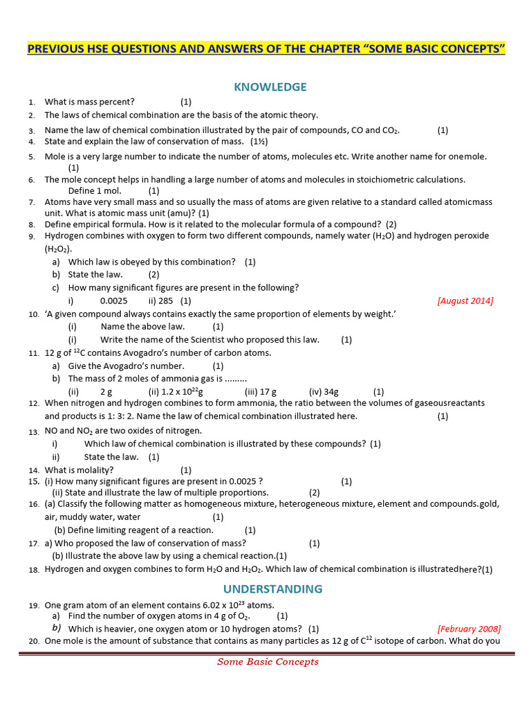 HSE Questions on Basic Chemistry Concepts | PDF | Mole (Unit ...