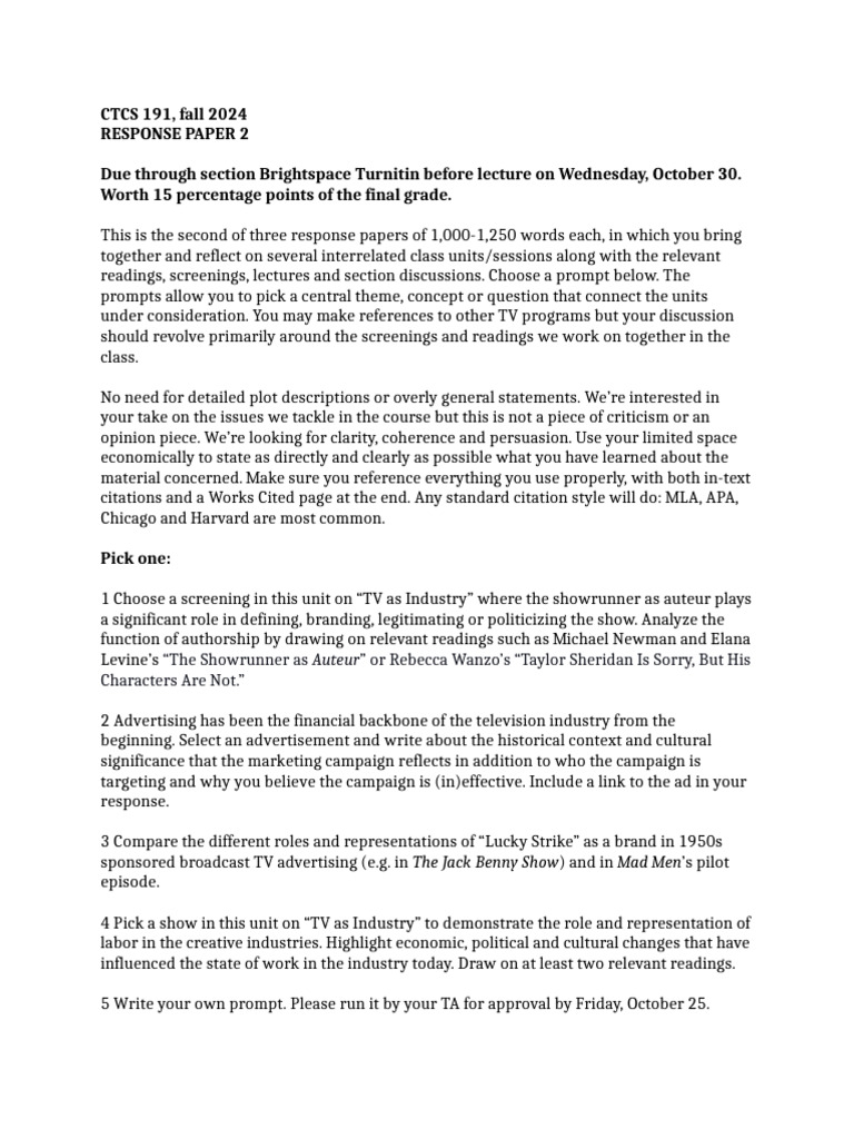 Response Paper 2 Prompts | PDF | Citation | Human Communication