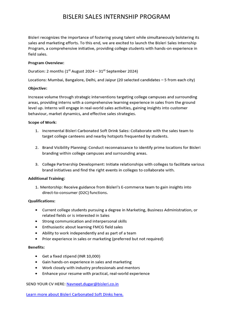 Bisleri JD Sales Internship Program | PDF