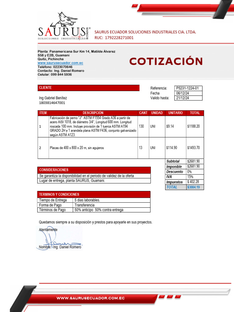 P5231-1224-01 - Fabricacion de Pernos 3.4 L 600 - Ing. Gabriel Benitez | PDF