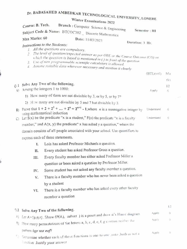 Dbatu Dm Question Paper | PDF | Mathematical Concepts | Discrete ...