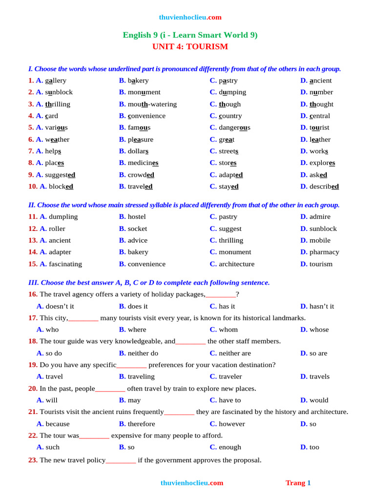 Bai Tap Bo Tro Anh 9 I Learn Smart World Unit 4 | PDF | Tourism