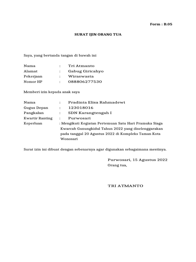 Surat ijin ortu persari | PDF