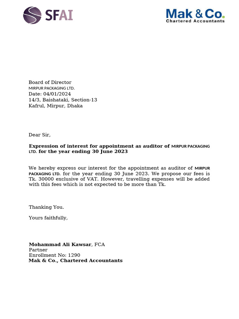 Expression of Interest - Consent Letter (Auditor) | PDF