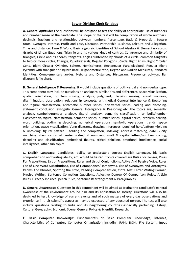 Lower Division Clerk Exam Syllabus | PDF | Circle | Triangle