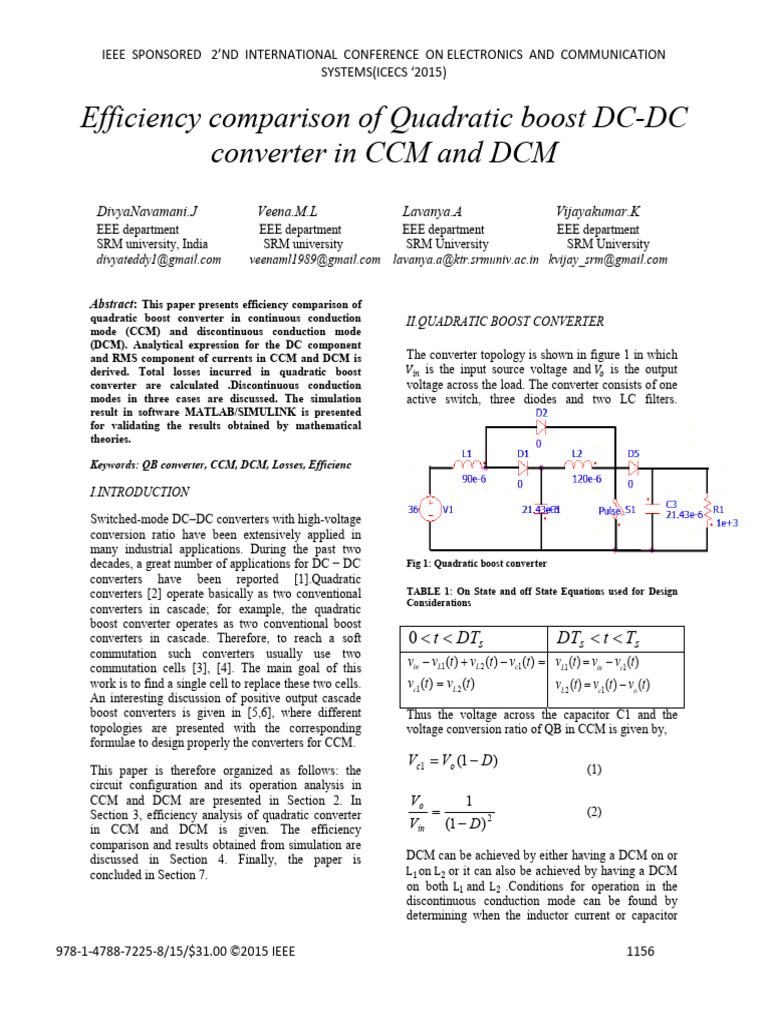 Efficiency Comparison of Quadratic Boost DC-DC Converter in DCM and CCM | PDF | Electrical ...