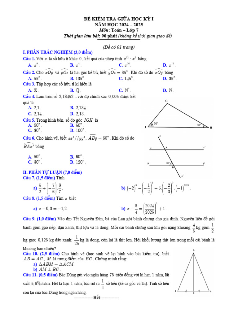 De Kiem Tra Giua Hoc Ky 1 Toan 7 Nam 2024 2025 So GDDT Bac Ninh | PDF