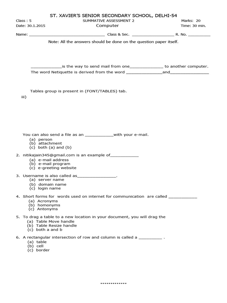 ICSE Class 5 Annual Exam Model Question Paper 1 - COMPUTER SCIENCE | PDF | Computing