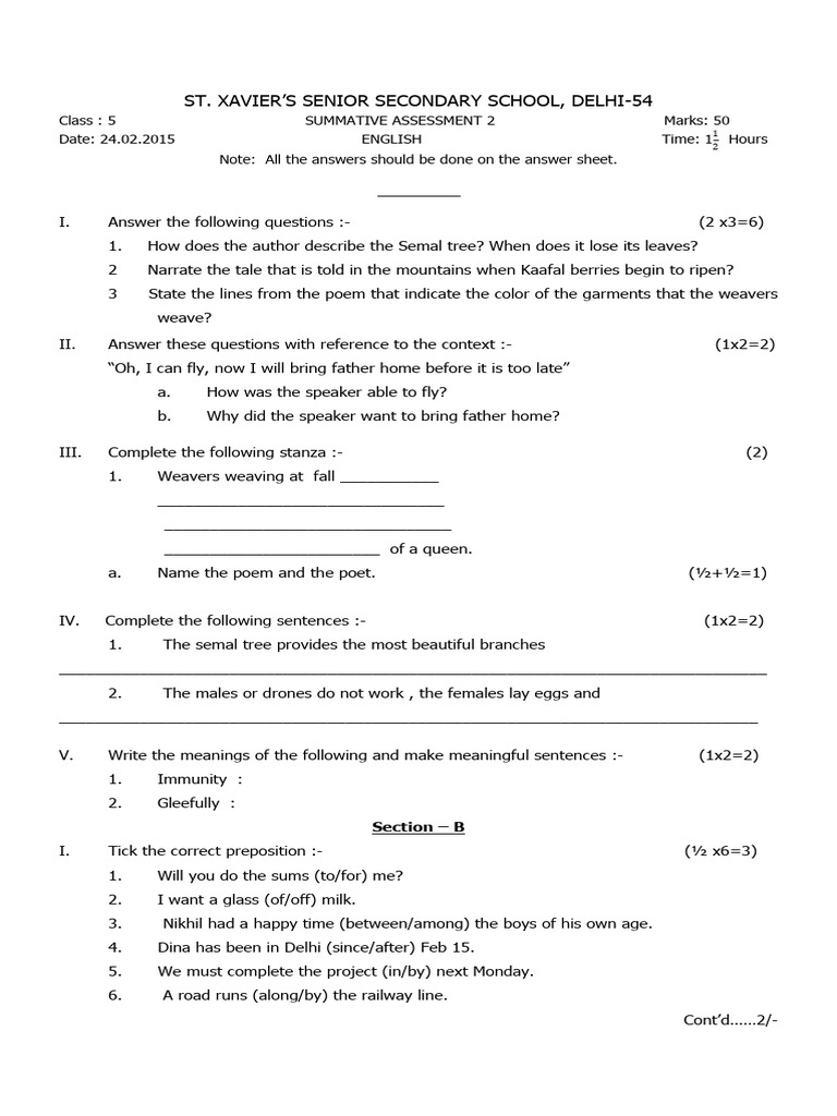 ICSE Class 5 Annual Exam Model Question Paper 2 - ENGLISH | PDF | Sleep | Insomnia