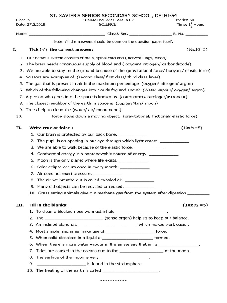 ICSE Class 5 Annual Exam Model Question Paper 2 - SCIENCE | PDF ...