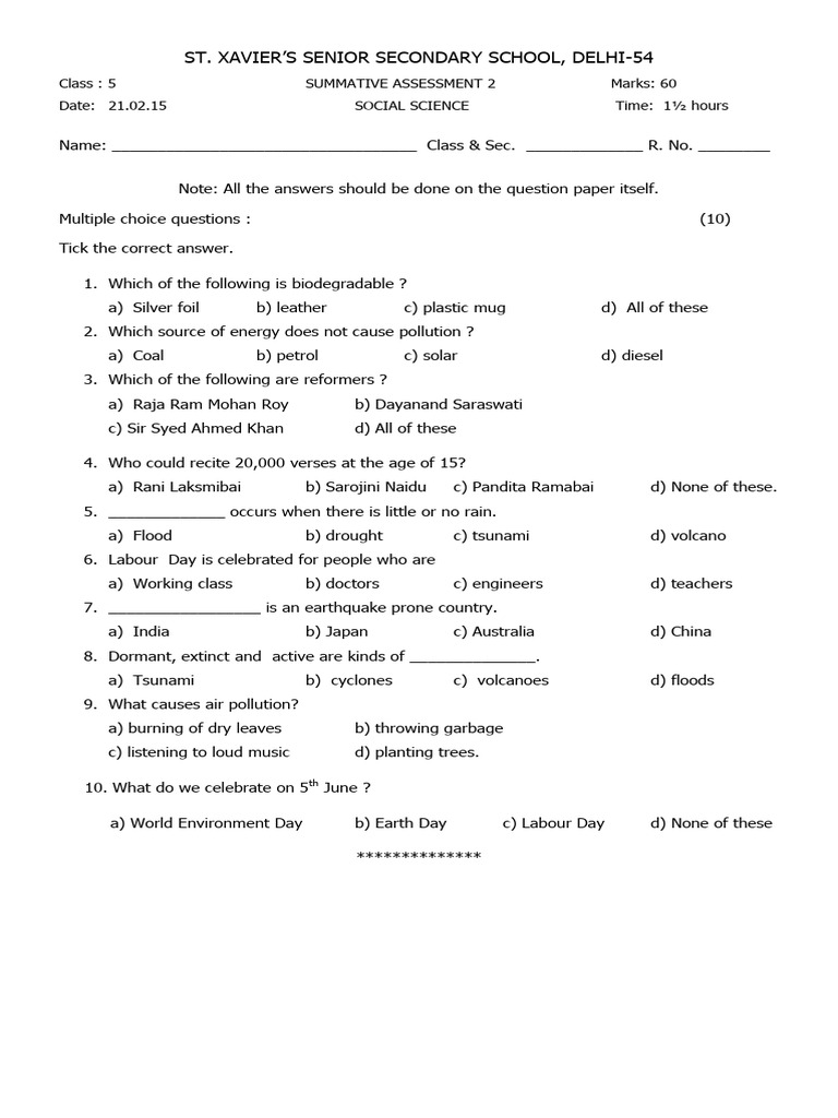 ICSE Class 5 Annual Exam Model Question Paper 2- SOCIAL SCIENCE | PDF ...