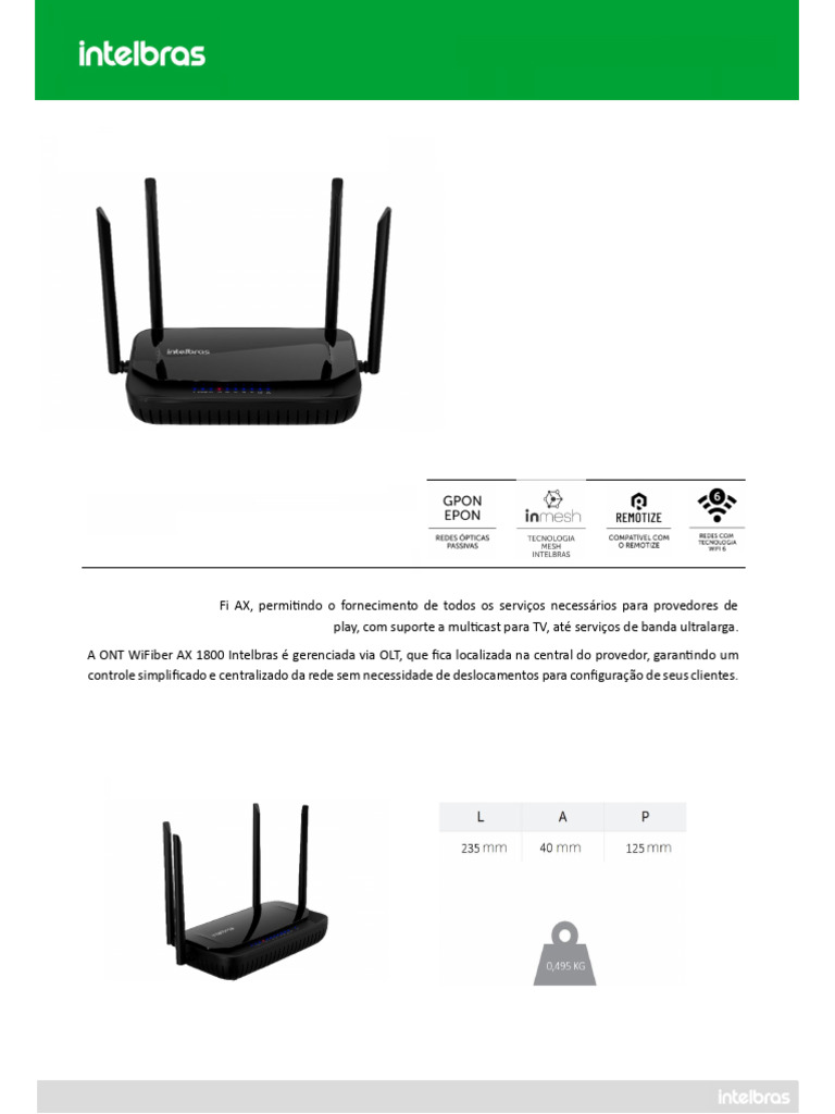 ONT WiFiber AX 1800: Especificações e Recursos | PDF | Ethernet | Wi-Fi