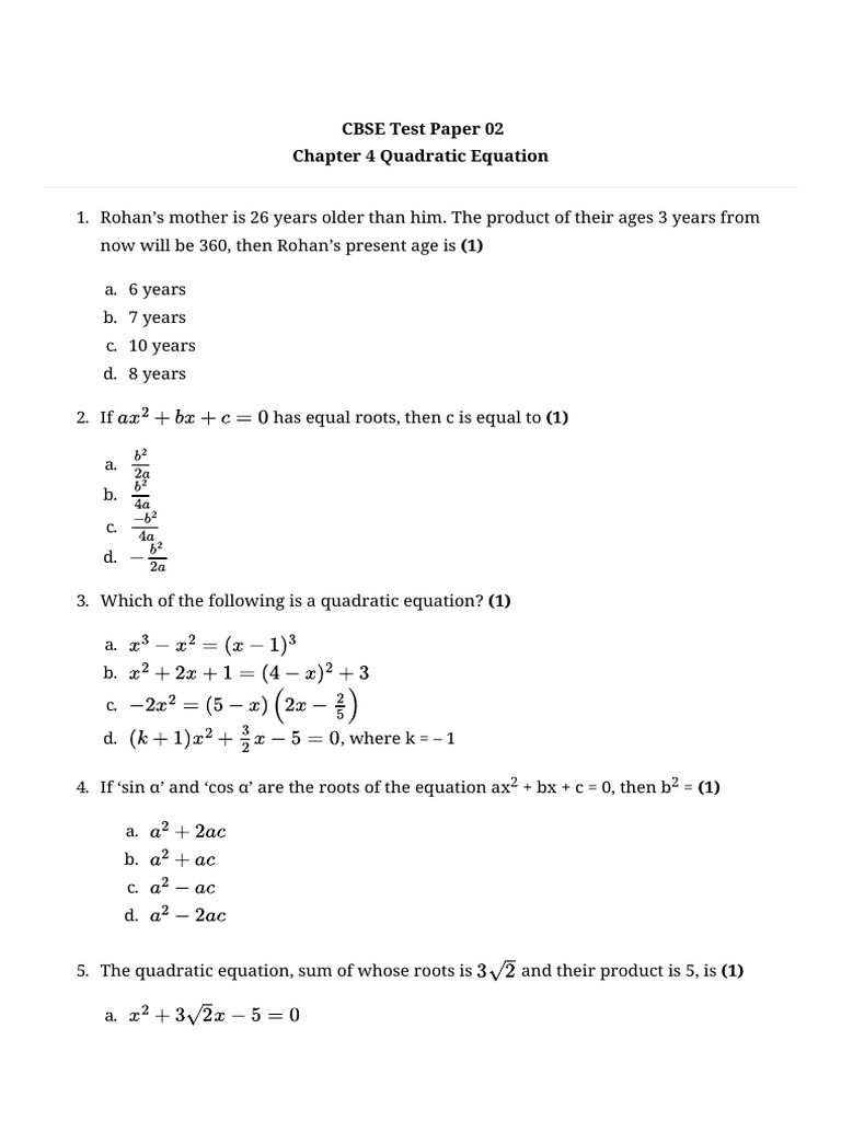 Chapter 04 Quadratic Equations Test 02 | PDF | Mathematics | Elementary ...