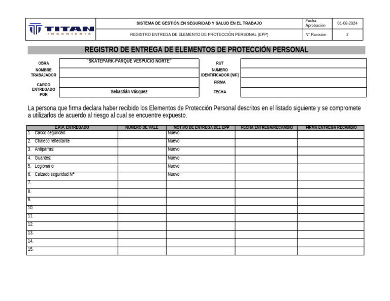 Nuevo Registro Entrega EPP | PDF
