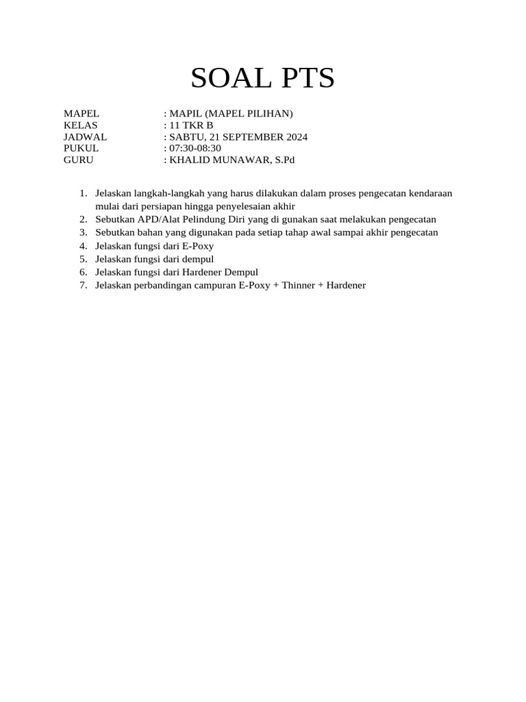 Soal Pts Kelas 11 TKR B Mapil | PDF