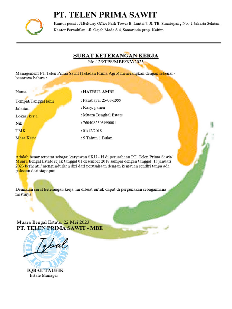 Surat Keterangan Kerja PT. Telen Prima Sawit | PDF