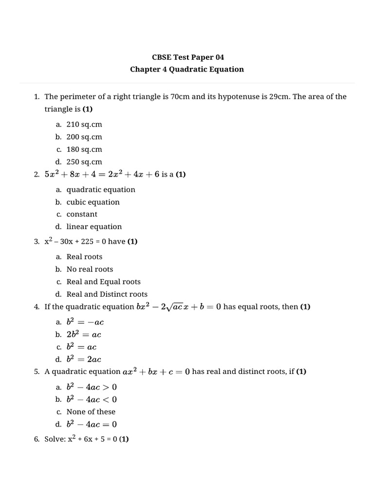 chapter-04-quadratic-equations-test-04 | PDF | Mathematical Concepts ...