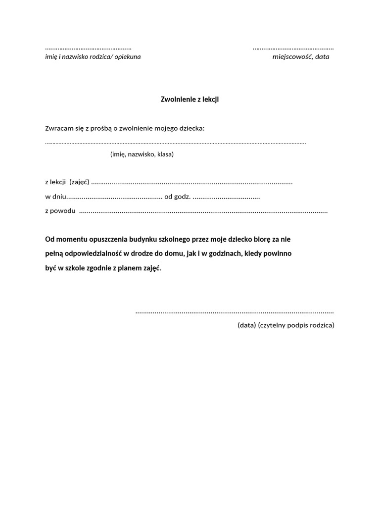 Zwolnienie Z Lekcji 4 | PDF