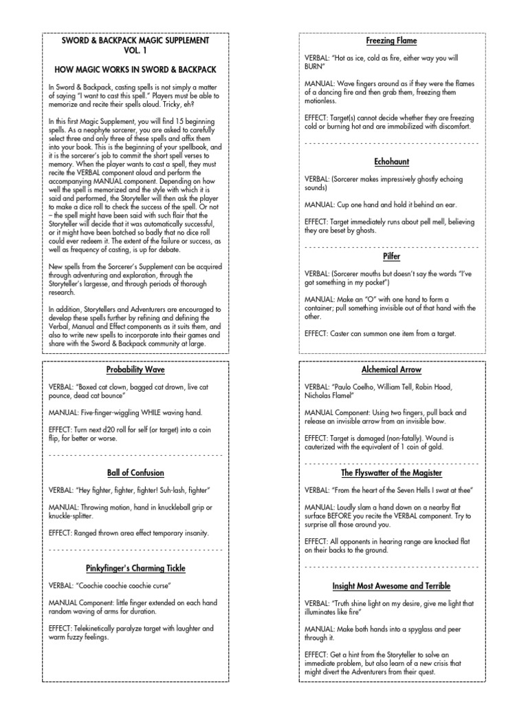 Sword - Backpack First Magic Supplement First Draft | PDF