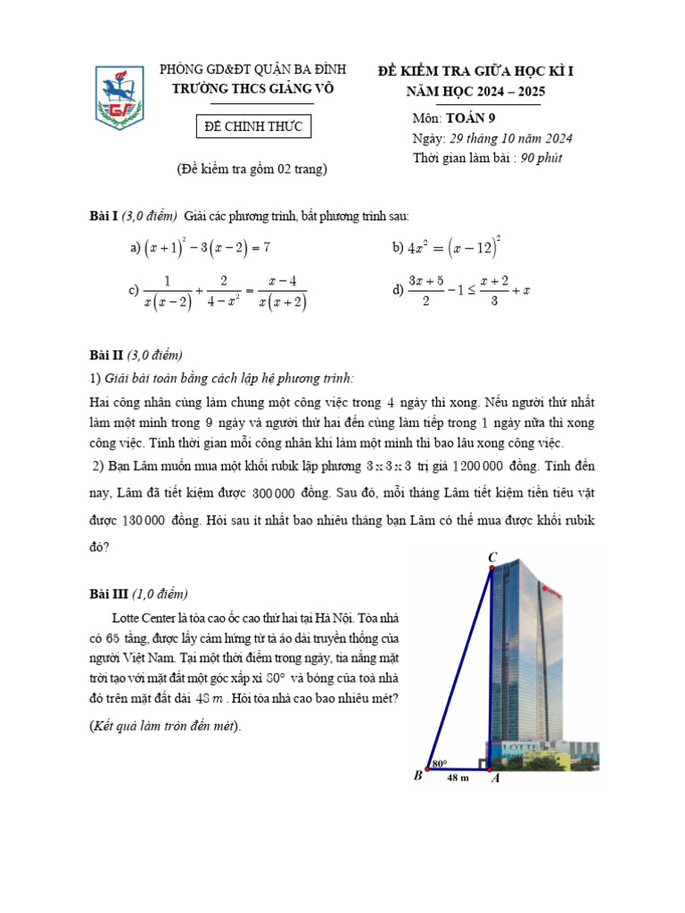 De Giua Hoc Ki 1 Toan 9 Nam 2024 2025 Truong Thcs Giang Vo Ha Noi | PDF