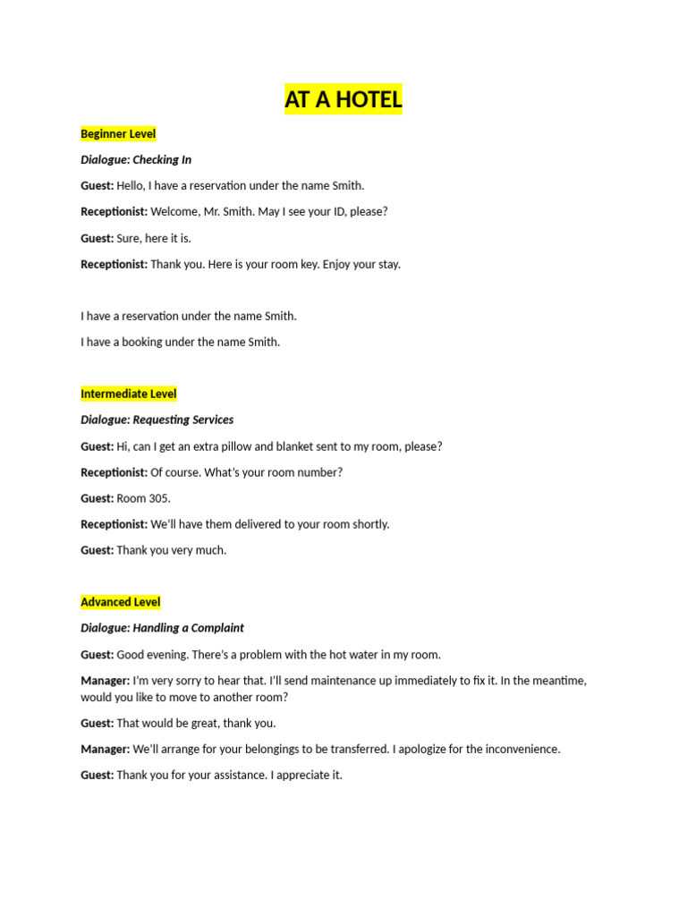 Hotel Check-In and Service Dialogues | PDF