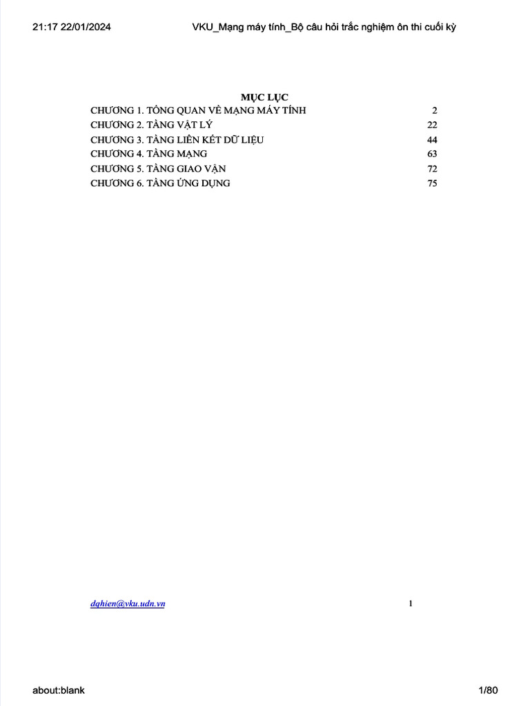 PDF Vku Mang May Tinh Bo Cau Hoi Trac Nghiem on Thi Cuoi Ky Compress | PDF | Internet Protocols ...