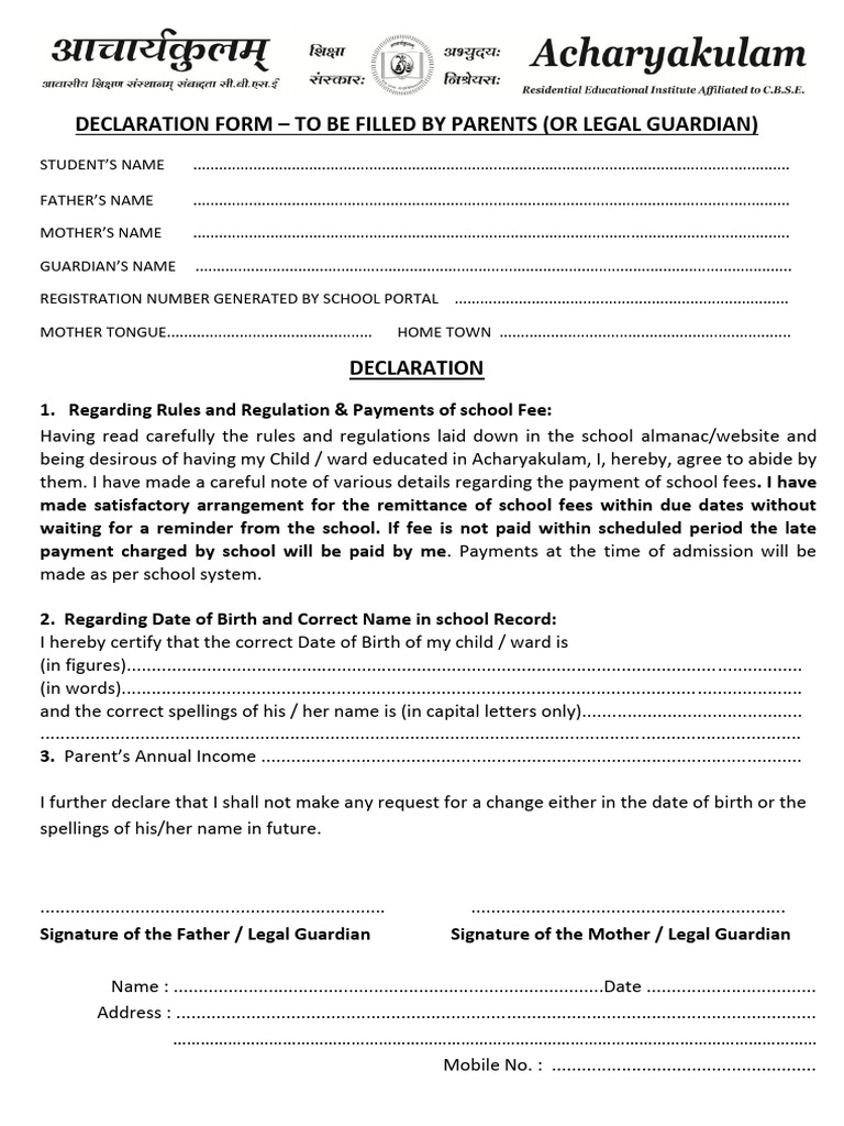 Declaration Form - To Be Filled by Parents (Or Legal Guardian) | PDF | Legal Guardian