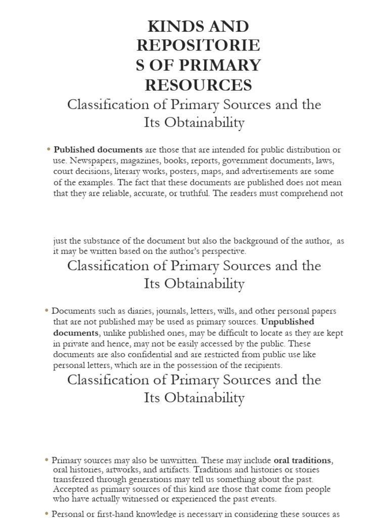 KINDS AND REPOSITORIES OF PRIMARY RESOURCES | PDF | Archive KINDS AND REPOSITORIES OF PRIMARY RESOURCES | PDF | Archive