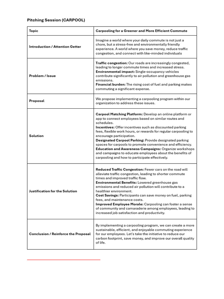 Pitching Proposal - Carpool | PDF | Commuting | Parking