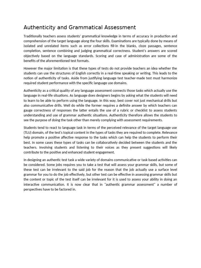 Authenticity And Grammatical Assessment Pdf Educational Assessment